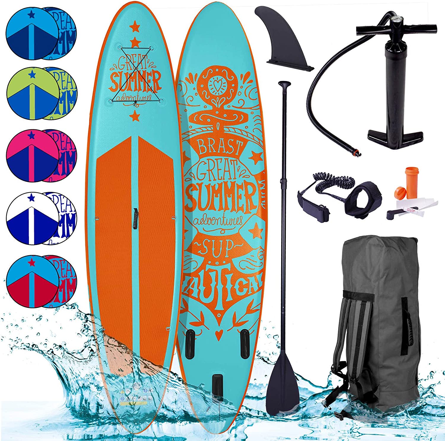 BRAST SUP Board Summer Aufblasbares Stand up Paddle Set 320x81x15cm Türkis inkl. 2in1 Paddel ...