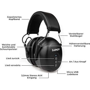EARMUFF Gehörschutz mit Bluetooth & AUX in schwarz 31dB Dämmung | Musik ...