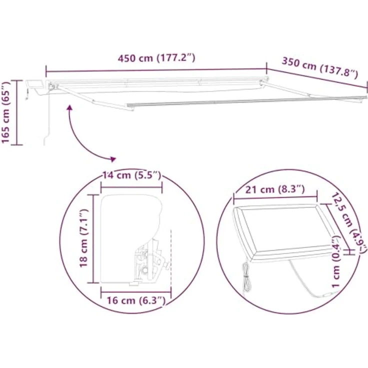 vidaXL Manueller Markisenrahmen mit LEDs, 4,5 x 3,5 m, Garten-Schatten ...
