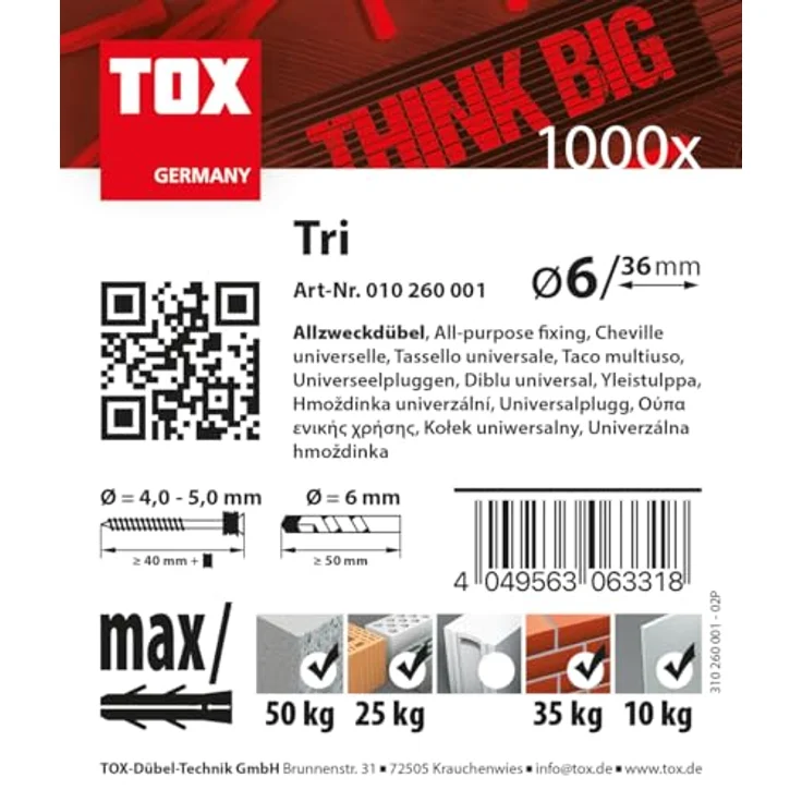 TOX Allzweckdübel TRI 6/36, 1000 Stück im Big Pack, bruchsichere ...