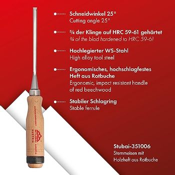 STUBAI Stechbeitel mit Holzgriff aus Rotbuche, Ø 6 mm, Stemmeisen zur präzisen Bearbeitung von ...