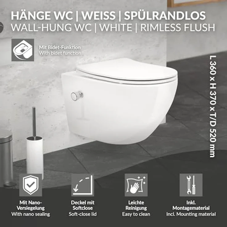 ECD Germany Spülrandloses Hänge WC Keramik Weiß mit Bidet-Funktion ...
