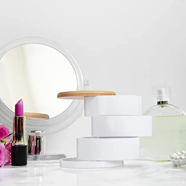 Relaxdays Make Up Organizer, rund, 3 drehbare Ebenen, mit Bambusdeckel ...