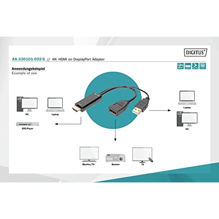DIGITUS HDMI-Adapter, HDMI zu DisplayPort, UltraHD 4K/30Hz, 0,2 m, DP 1 ...