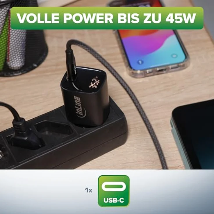 InLine USB-Ladegerät, 1-Port, GaN, 45W, Schwarz, mit digitalem Display ...
