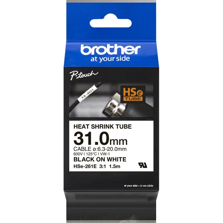 Brother Pro Tape HSe-261E, Schrumpfschlauch schwarz auf weiß, 31 mm ...