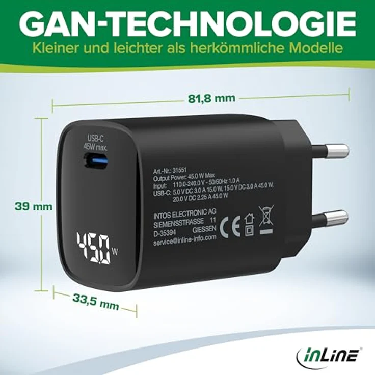InLine USB-Ladegerät, 1-Port, GaN, 45W, Schwarz, mit digitalem Display ...