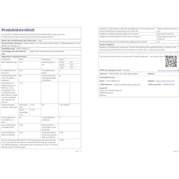 Haier HD90-C33657U1 Wärmepumpentrockner 9kg mit hOn App, AI ...