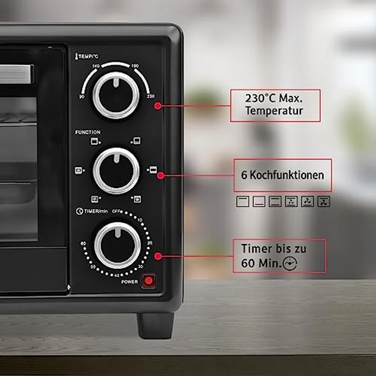 OptimumX 20 L Minibackofen, Klein mini Backofen mit Umluft, 60 Min ...
