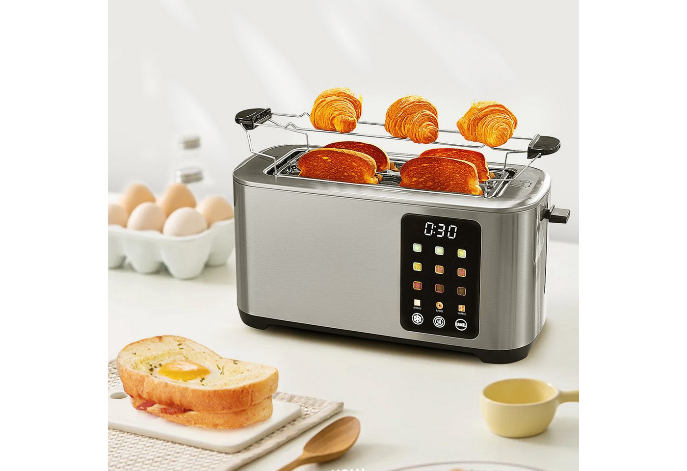 FOHERE Toaster Langschlitz 4 Scheiben, Edelstahl, 1400 W, Touchscreen ...