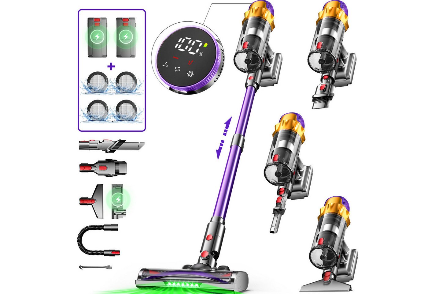 Hiazurm Akku-Hand- und Stielstaubsauger AZA340, 80000Pa Saugkraft, 70 ...
