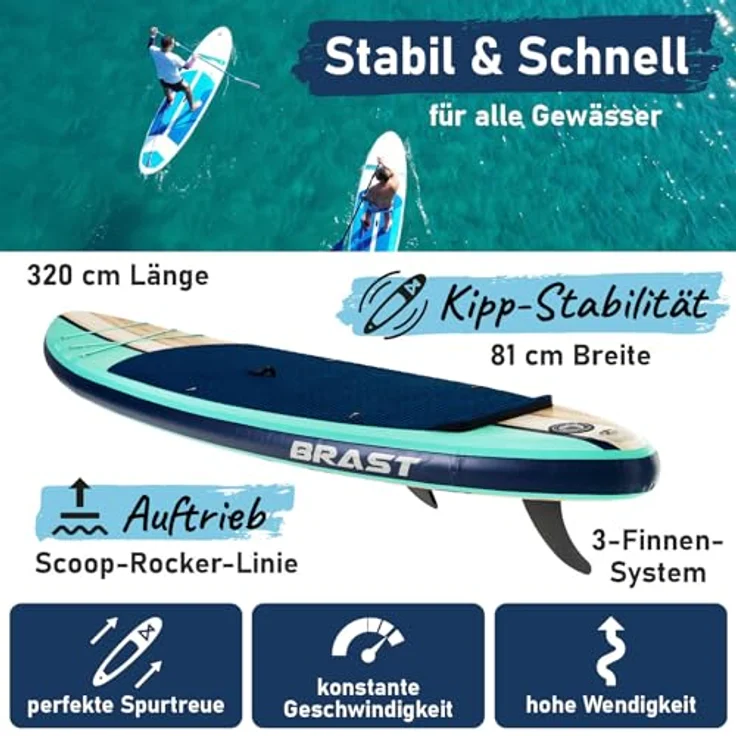 BRAST SUP Board Shark, aufblasbares Stand-Up-Paddle Set, 320x81x15cm, 8 ...
